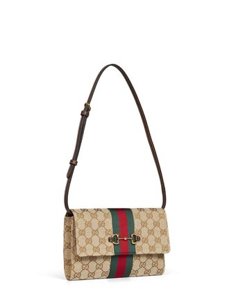 Gucci Womens Foldover Horsebit Wallet Beige Calfskin Shoulder Bags