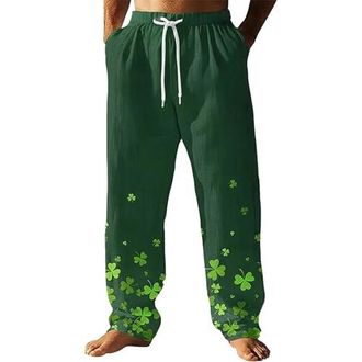 Generic Pantalon d&eacute;contract&eacute; en coton et lin pour homme - L&eacute;ger et respirant - Imprim&eacute; vacances - Jambe large - Cordon de serrage - Taille &eacute;lastique - Coupe d
