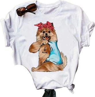 Keephen Graphique Pomeranian T-Shirt Femmes Propri&eacute;taire de Chien Pomeranian T-Shirt Mignon Pom Impression 3D Manches Courtes Tops Col Rond Streetwear