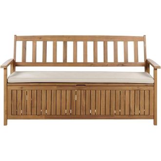 Beliani 3-Sitzer Gartenbank Hellbrun Akazienholz 160 cm mit Stauraum Auflage Taupe Armlehnen R&uuml;ckenlehne Latten-Optik Garten Terrasse Wintergarten