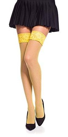 Romartex Bas autofixants en résille à petites mailles avec dentelle, XL, jaune