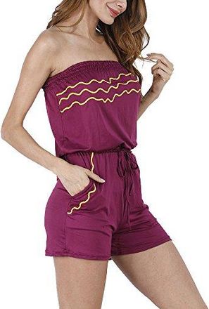 DianShao Combishort Femme Chic Bustier sans Bretelles Dos Nu Mode Jumpsuit Plage Combinaison Short Violet Rouge M
