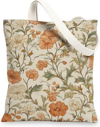 Generic Sacs fourre-tout vintage en toile à motif floral, sacs dépicerie réutilisables, légers et lavables avec bandoulière en toile B, beige, 13x15 Inch