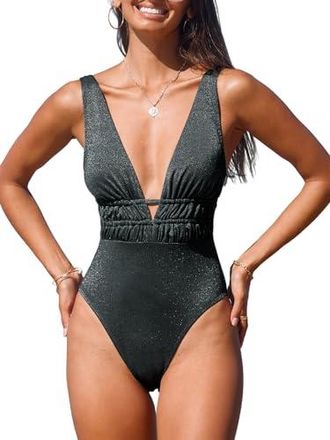 Cupshe Maillot de bain une pièce pour femme - Col plongeant - Découpe sur le devant - Cordon de serrage froncé, Gris anthracite., M