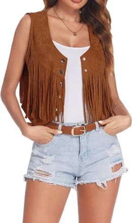 Generic Tenues occidentales pour femmes, gilet &agrave; franges boh&egrave;me, veste de cowboy turquoise, gilets de cowboy vintage, veste western classique, kaki, XXL