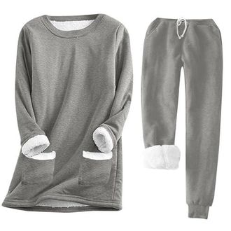 Generic Pyjama en polaire pour femme, ensemble décontracté 2 pièces à manches longues, ensemble de vêtements dhiver, gris, XXL