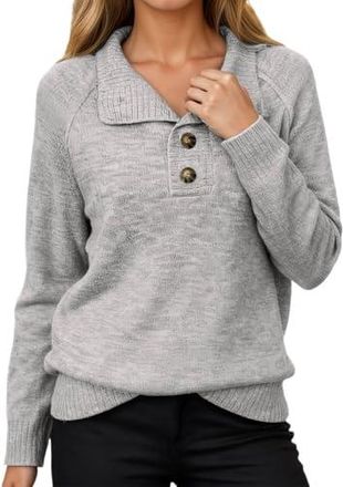 Generic Pull d&eacute;contract&eacute; &agrave; col montant pour femme - Couleur unie - Bouton - Pull d&eacute;contract&eacute; &agrave; manches longues - Pull ample tendance pour lautomne, gris, XL