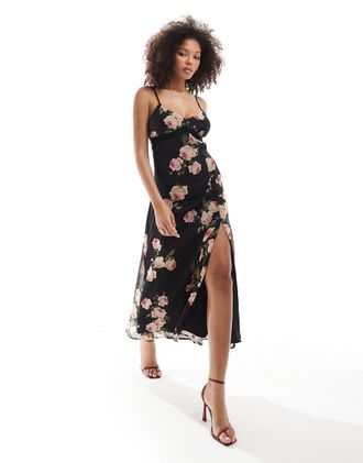 Miss Selfridge Robe nuisette longue en mousseline à imprimé roses oversize et détails en dentelle-Multicolore