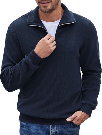 Coofandy Troyer Herren 1/4 Zip Strickpullover M&auml;nner Solid Langarm Winterpullover Navy Blau M