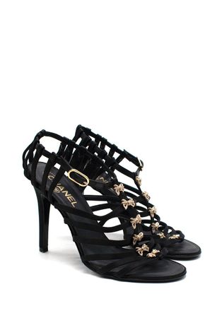 Chanel Black Satin Strappy Heels with Bow Detailing Size 38