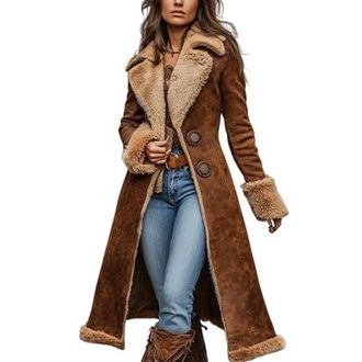 Generic Trench dhiver en faux daim doubl&eacute; Sherpa pour femme - Veste polaire confortable avec revers crant&eacute; - Longueur midi - Veste western vintage, marron, 3X