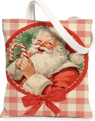 Generic Sacs fourre-tout en toile avec motif de P&egrave;re No&euml;l, design r&eacute;tro de vacances, sacs d&eacute;picerie l&eacute;gers et lavables, festifs r&eacute;utilisables, bandouli&egrave;re C, 