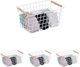 Relaxdays Drahtkorb, Holzgriffe, rechteckig, Gitter Design, Kleidung, Accessoires, Metallkorb, HBT: 16x31x21 cm, wei&szlig; (Packung mit 4)