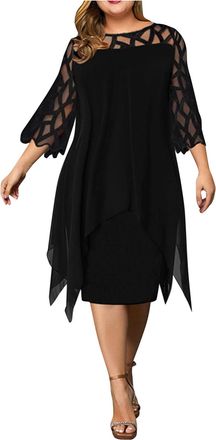 Generic Damen Kleid Plus Size Elegant Chiffon 3/4 Ärmel Mesh Kleider Hohe Taille Einfarbig Cocktailkleid Knielang Ballkleider Übergröße Sexy Partykleid für Fr