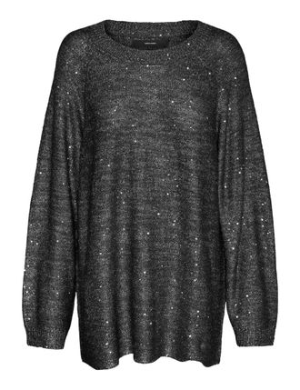 Vero Moda Damen Vmleilani New Ls O-Neck Long Pullover Strickpullover, Black/Detail:W. Silver Sequins, Large