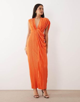 Asos Plissiertes Neckholder-Midikleid in Orange mit verdrehtem Design