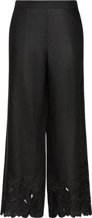 Elena Miro Femme, Pantalons, Noir, Taille: 52 FR Pantalons palazzo en voile de m&eacute;lange de coton avec broderie int&eacute;grale et coupe fluide