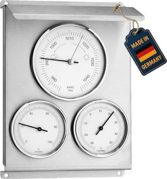 TFA Dostmann Analoge Wetterstation au&szlig;en, 20.2010.60, mit Barometer, Hygrometer und Thermometer, aus Edelstahl, wetterfest, silber