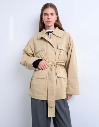 Topshop Surchemise en coton avec 4 poches et doublure matelass&eacute;e - Beige-Neutre