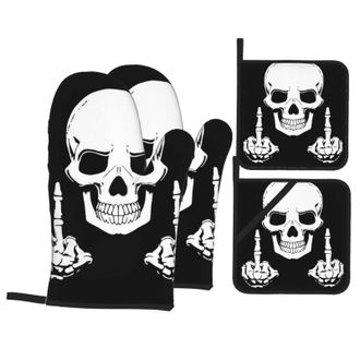 321 4 St&uuml;ck Polyester Gotischer Totenkopf-Mittelfinger Kochhandschuhe Schwarz Lustig Ofenhandschuhe Hitzebest&auml;ndige Topflappen-Set F&uuml;r Die K&uuml;che, BBQ, Mik