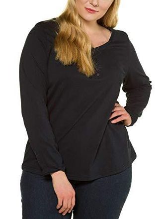 Ulla Popken Femme Grandes tailles T-shirt coton col rond, fluide, manches 3/4 bleu marine 62+ 700603 70-62+