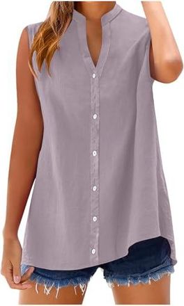 Generic D&eacute;bardeur d&eacute;contract&eacute; sans manches en coton et lin avec col en V pour femme, Violet 3, 4XL