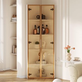 Merax Eckschrank Hochschrank mit LED - Beleuchtung, LED-Glasvitrine, Eckvitrine mit T&uuml;r - Sammlungsvitrine, B&uuml;cherregal, Weinschrank, Badezimmerschrank, Wei