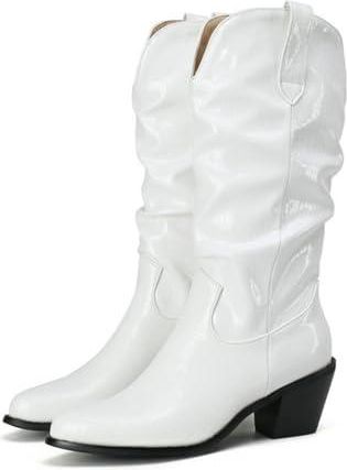 Generic Bottes western molles pour femme - Bout rond - Talons mi-hauts - Chaussures dhiver tendance &agrave; enfiler, blanc, 39.5 EU