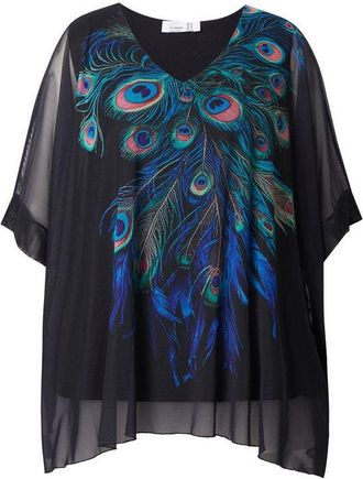 Miamoda Druckbluse Mesh-Bluse oversized Pfauenfedern