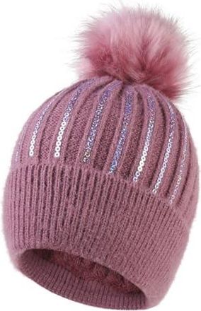 Generic M&uuml;Tze Bonnet dhiver pour femme avec pompon en fourrure synth&eacute;tique et bandes &agrave; paillettes pour femme et adolescente, 01 - Rose., taille unique