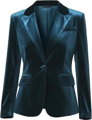 Allegra K Blazer en Velours Femme &agrave; Revers Crant&eacute;, Manches Longues, Veste de Costume &agrave; Un Bouton pour Bureau Habill&eacute; Costume de No&euml;l Bleu M