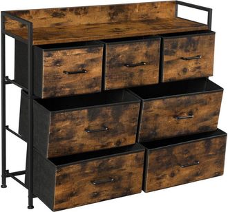 Songmics Armoire, Meuble de Rangement en Tissu, Commode, 7 Tiroirs, avec Poign&eacute;es, Cadre en M&eacute;tal, Style Moderne, Marron Rustique et Noir dEncre