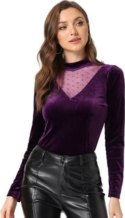 Allegra K Haut en Velours &agrave; Manches Longues avec empi&egrave;cement en Maille &agrave; Pois Suisse et col en V pour Femmes Violet fonc&eacute; XL
