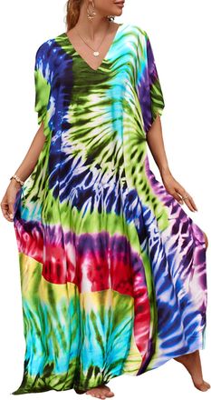 Bsubseach Lose Kaftan Kleider f&uuml;r Frauen Kurzarm Badeanzug Cover Up Casual Urlaub Outfits Bunt Gr&uuml;n