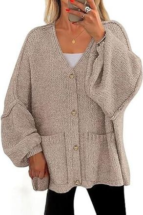 Generic Cardigan dautomne surdimensionn&eacute; &agrave; gros boutons pour femmes, chandail surdimensionn&eacute; en tricot &agrave; manches lanternes et col en V pour lautomne 2025, kak
