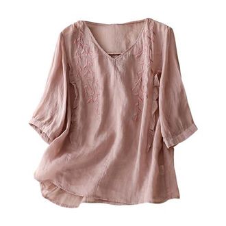 Generic Hauts &agrave; manches courtes en coton, chemisiers en lin pour femmes, chemisier ample d&eacute;contract&eacute; en mousseline, chemises l&eacute;g&egrave;res et fines brod&eacute;es de coule