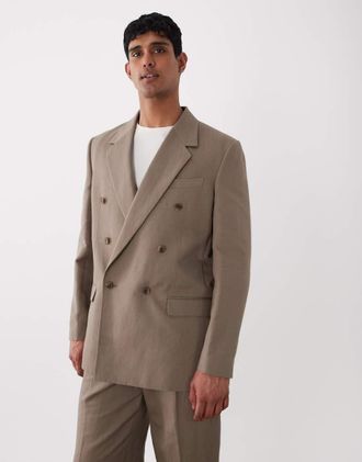 Asos Veste de costume d&eacute;contract&eacute;e en lin majoritaire &agrave; double boutonnage - Marron fonc&eacute;-Brown