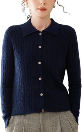 Dissa Cardigan Cachemire Femme Bleu Revers Torsade Tricoté Mince Manches Longues Fin Pull en Cachemire et Laine,EU 36,SH512