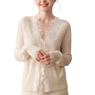 Generic Cardigan dhiver 100 % cachemire pour femme en dentelle tricot&eacute;e avec col en V, beige, Taille M