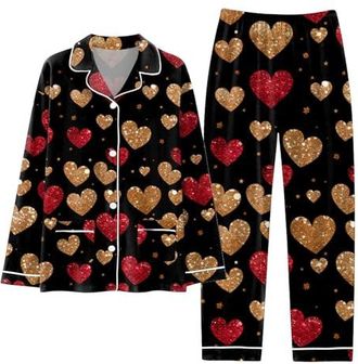 Generic Pyjama assorti pour femme pour la Saint-Valentin 2026 - Pyjama long classique boutonn&eacute; en satin avec poches, Noir, 3XL