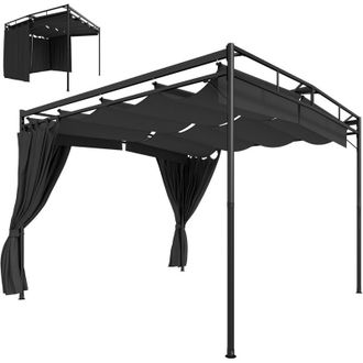 OUTSUNNY Pergola de jardin - tonnelle de terrasse - Outsunny - toit r&eacute;tractable, rideaux, syst&egrave;me de poulie - m&eacute;tal - 3x3m - gris anthracite