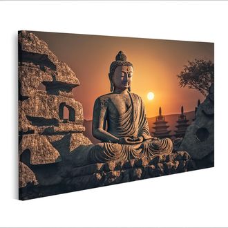 Islandburner Bild auf Leinwand Buddha Statue bei Sonnenuntergang im alten Tempelgarten Bilder Wandbilder Poster