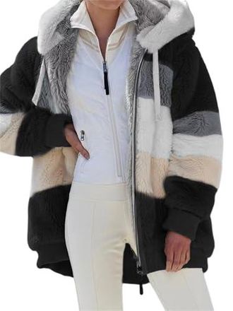 Generic Manteau rembourr&eacute; en laine dagneau contrastant pour femme, veste polaire, veste dautomne et dhiver, veste &agrave; capuche multicolore en peluche ample, Noir