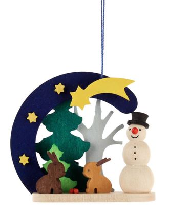 Rudolphs Schatzkiste Baumbehang Schneemann mit Hasen - Christbaumschmuck - Strauchbehang - H&ouml;he 7 cm - Handarbeit Erzgebirge - NEU