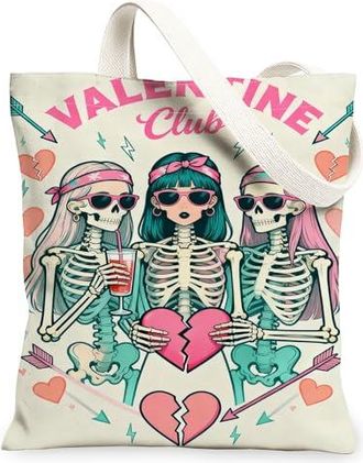 Generic Sacs fourre-tout en toile squelette de Saint-Valentin, sacs &agrave; provisions r&eacute;utilisables, l&eacute;gers et lavables, beige, 13x15 Inch