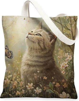 Generic Sac fourre-tout en toile motif chats britanniques &agrave; poil court printanier 33 x 38,1 cm, sac d&eacute;picerie r&eacute;utilisable pour femme, motif chaton, voyage, d