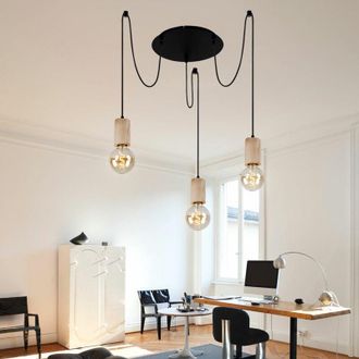 Globo Lighting H&auml;ngelampe H&auml;ngeleuchte Pendelleuchte Pendellampe Esszimmerlampe Esstischleuchte, 3 Flammig Landhaus, Holz natur Metall schwarz, E27 Fassungen, DxH
