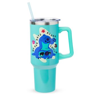 Silver Buffalo Disney Lilo and Stitch Aloha No Bad Days Chillin Edelstahlbecher mit Griff und Strohhalm, passt in Standard-Becherhalter, 1,2 l