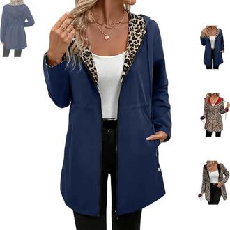 Generic Manteau &agrave; capuche r&eacute;versible pour femme avec imprim&eacute; l&eacute;opard, coupe-vent l&eacute;ger, fermeture &eacute;clair, manches longues, veste d&eacute;contract&eacute;e, cardigan &agrave; capu