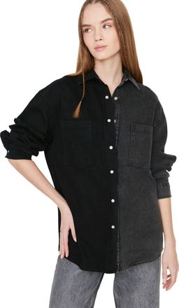 Trendyol Damen Black Color Blockiertes Denim-shirt Shirt, Schwarz, M EU